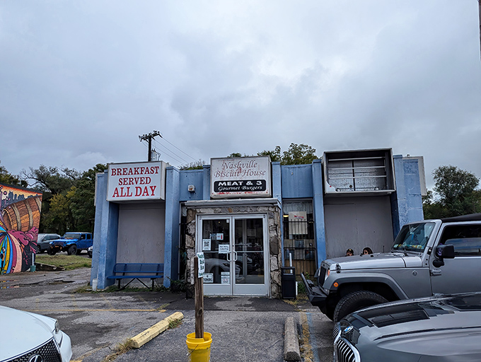 The humble blue exterior of Nashville Biscuit House promises "BREAKFAST SERVED ALL DAY" - a siren song to hungry souls in East Nashville.