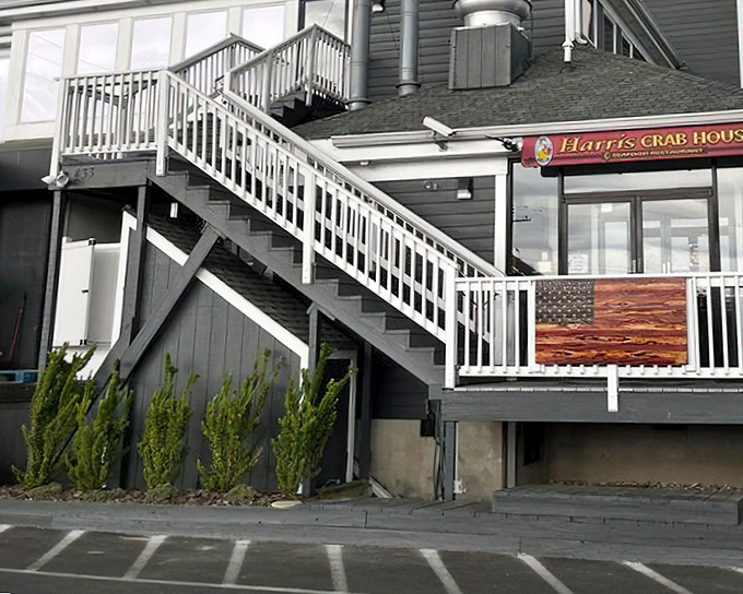 The stairway to seafood heaven! Harris Crab House stands proudly on Kent Narrows, its weathered exterior promising authentic Chesapeake treasures within.
