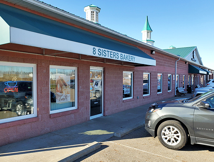 The pink building that houses 8 Sisters Bakery stands like a beacon of sweetness in Mt. Gilead, promising delicious treasures within.