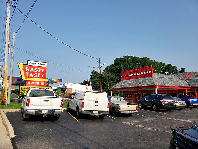 This red-roofed beacon of breakfast bliss stands ready to cure whatever ails your morning soul.