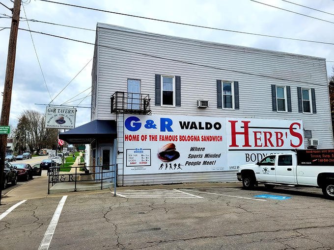 The unassuming exterior of G & R Tavern in Waldo, Ohio&mdash;proof that culinary legends don't need fancy facades to become destinations worth the drive.