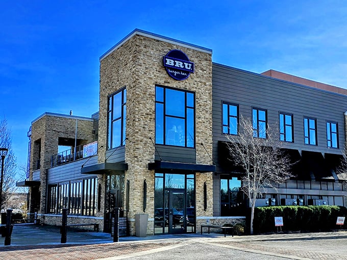 Bru Burger Bar's striking stone-and-glass facade makes a bold architectural statement in Westerville, like a delicious fortress dedicated to the noble burger arts.