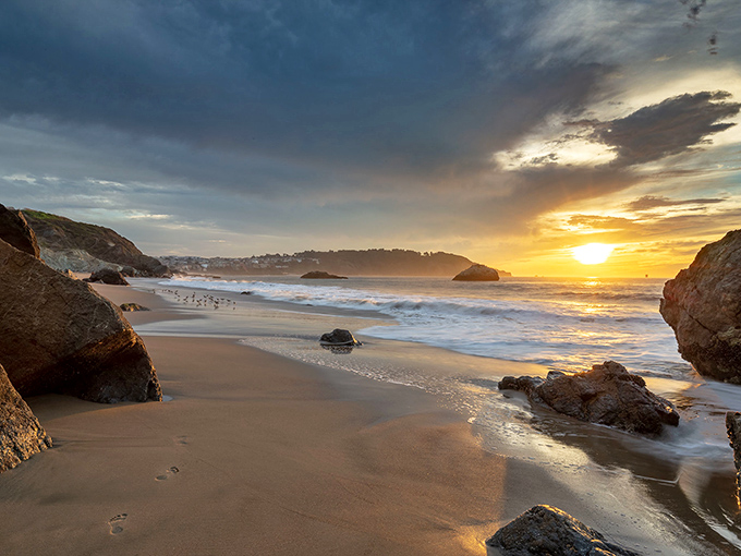 Nature's perfect sunset canvas unfolds at Marshall's Beach, where golden hour transforms ordinary sand and rocks into a masterpiece worthy of the Louvre.