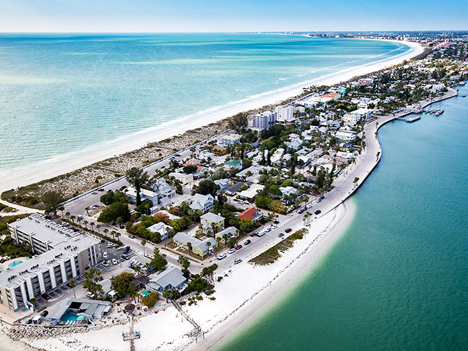 Paradise from above! This aerial view shows why Pass-a-Grille is Florida's best-kept secret&mdash;water on three sides and not a high-rise in sight.