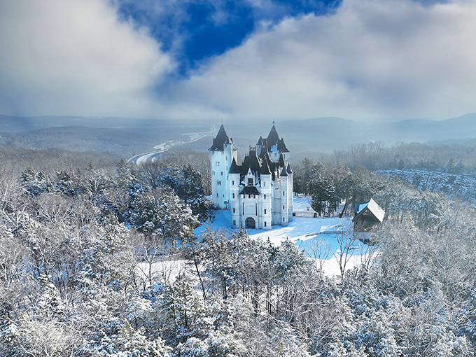 A winter wonderland fit for Elsa herself! Castle Gwynn's white towers rise majestically from the snow-covered Tennessee hills, creating a fairytale vision that seems almost impossible.