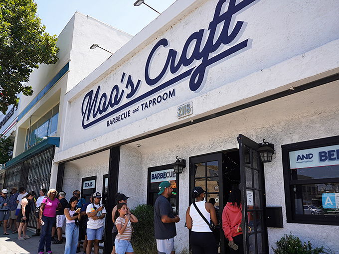 The pristine white exterior of Moo's Craft Barbecue belies the smoky treasures within. Texas-style barbecue with California sensibilities awaits!