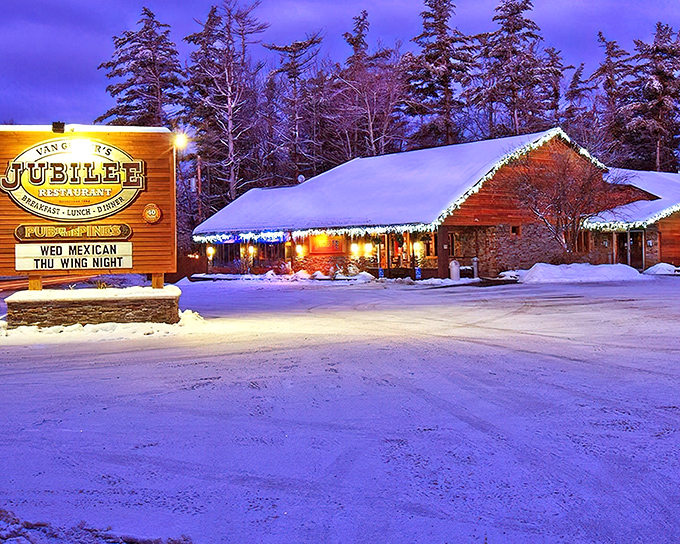 Winter magic at its finest! Jubilee Restaurant glows like a holiday postcard against the Pocono twilight, promising warmth and comfort food inside.