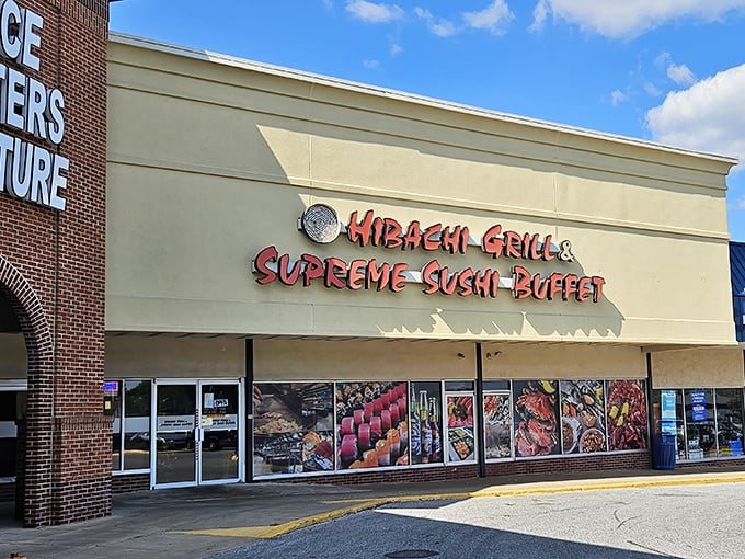 The bright red signage of Hibachi Grill & Supreme Sushi Buffet beckons like a lighthouse for the hungry, promising an all-you-can-eat adventure in Wilmington's shopping district.