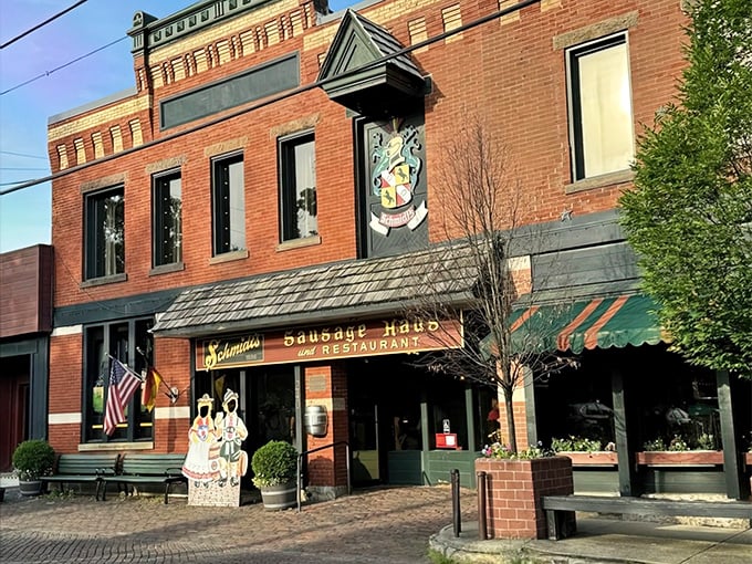 This charming German Village storefront beckons with authentic Bavarian hospitality and cobblestone charm.
