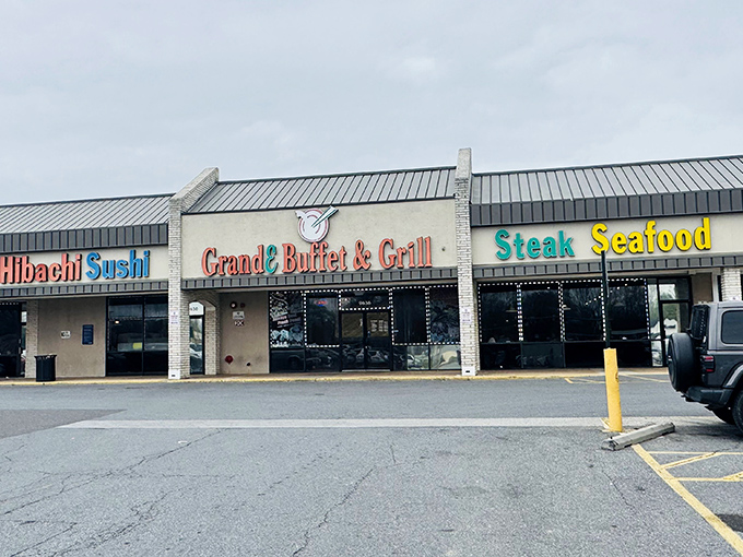 The unassuming strip mall exterior of GrandE Buffet & Grill proves once again that culinary treasures often hide in plain sight throughout Maryland's suburban landscape.