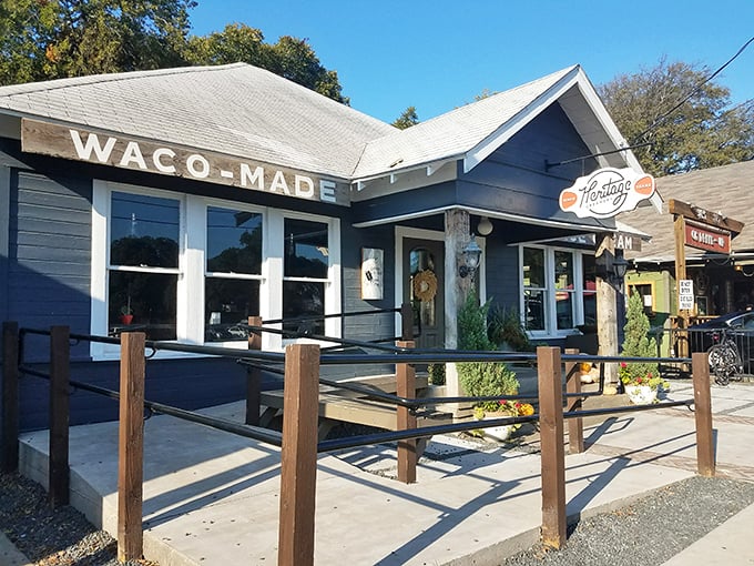The charming navy-blue exterior of Heritage Creamery stands like a beacon of sweet salvation against Texas' summer heat. 