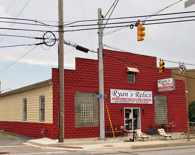 The crimson facade of Ryan's Relics stands out like a beacon for treasure hunters. This isn't just a store&mdash;it's an invitation to adventure.