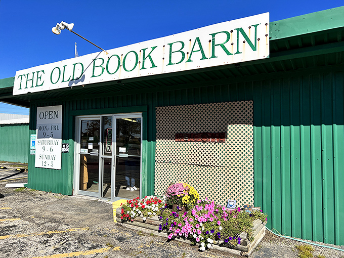 The green exterior of The Old Book Barn stands like a literary oasis in Forsyth, proudly announcing its treasures with a no-nonsense sign and welcoming entrance.