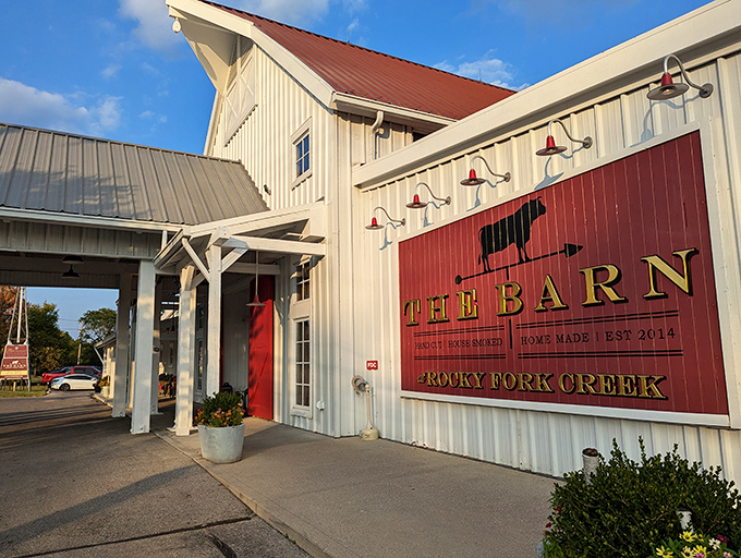 The iconic white barn exterior with its signature red roof beckons hungry travelers like a culinary lighthouse in Gahanna's dining landscape.