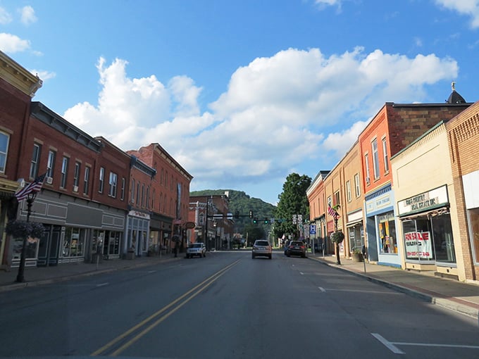 Main Street Coudersport shimmers under blue skies, its historic brick buildings standing proud like a Norman Rockwell painting come gloriously to life.