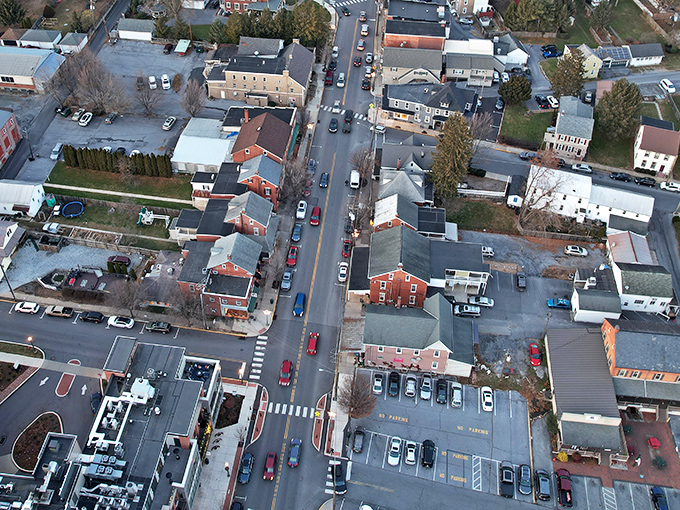 From above, Lititz looks like someone carefully arranged a perfect small town using the world's most charming building blocks.