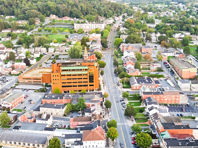 From above, Ephrata reveals its perfect small-town geometry where every street has a story to tell.