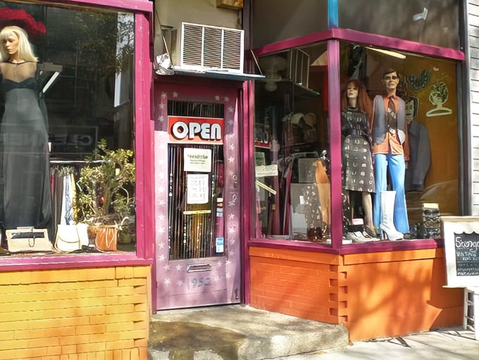 The storefront that launched a thousand vintage dreams. Shangri-La's vibrant pink trim and well-dressed mannequins beckon passersby into a world where fashion history lives on