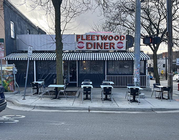 The iconic silver exterior of Fleetwood Diner beckons hungry patrons with its vintage charm and promise of 24-hour comfort food.