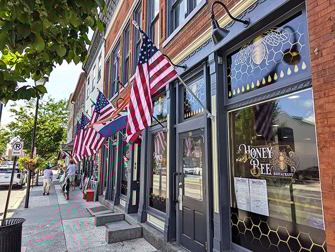 The Honey Bee's storefront practically buzzes with welcome—honeycomb-patterned windows and proud American flags invite you into this Gettysburg gem.