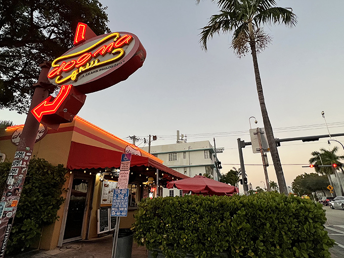 The neon glow of Dogma's sign beckons like a lighthouse for the hungry, promising salvation in the form of perfect street food.