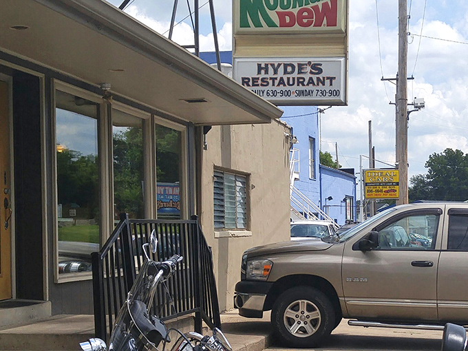 The unassuming exterior of Hyde's Restaurant promises little but delivers everything&mdash;bright orange window signs inviting you to enjoy "Dinner & Pie" every day.