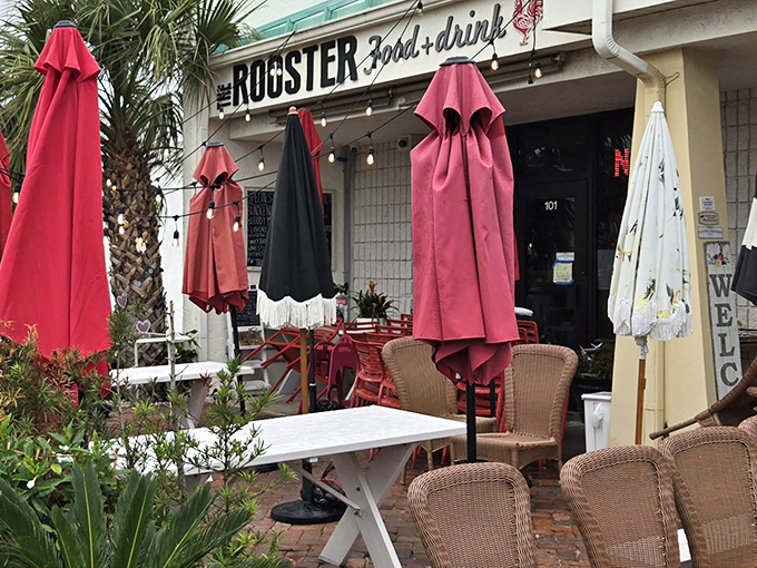 The Rooster's charming exterior welcomes you with vibrant red umbrellas and cozy wicker seating. Florida's sunshine and palm trees create the perfect breakfast backdrop.