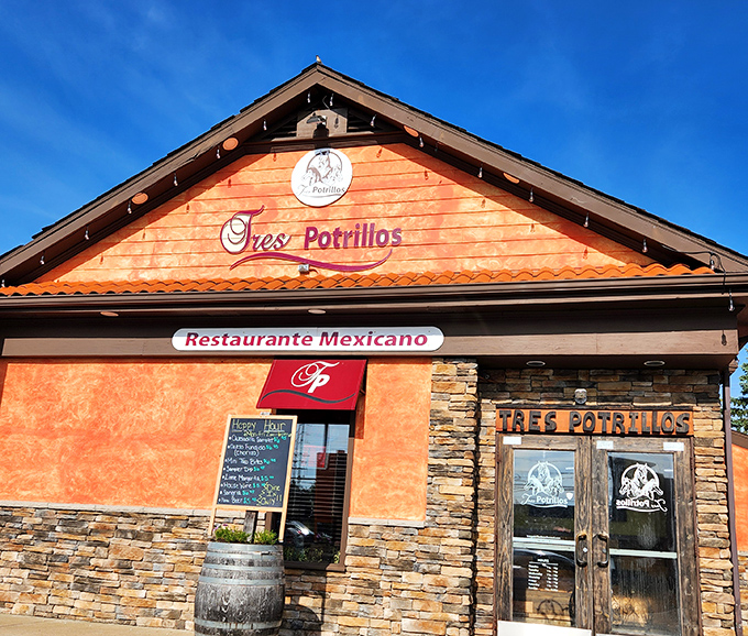 The terracotta-hued exterior of Tres Potrillos stands like a slice of Jalisco against Ohio's skyline. Those clay roof tiles aren't just for show&mdash;they're promising authentic flavors inside.