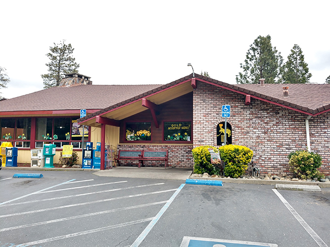 The brick exterior of Cozy Diner welcomes hungry travelers like an old friend, its red trim and rustic charm promising comfort food salvation in Paradise.