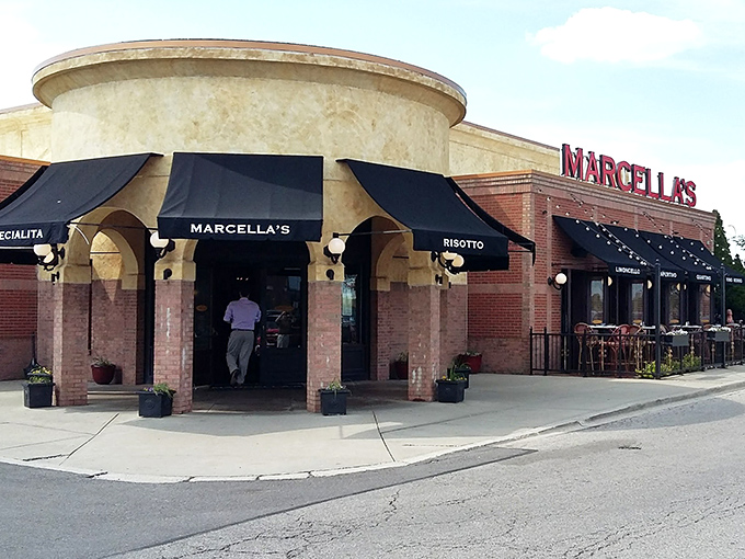 Marcella's curved facade and signature black awnings stand like a culinary lighthouse in Columbus, beckoning pasta pilgrims from across Ohio.