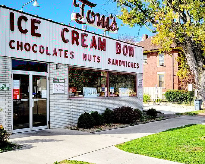 The iconic red sign of Tom's Ice Cream Bowl has been beckoning sweet-toothed pilgrims to Zanesville since 1948. Time stands deliciously still here.