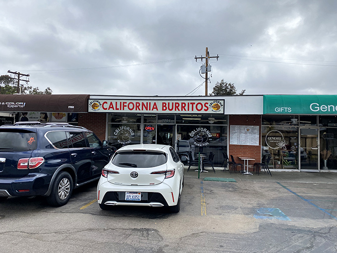 The unassuming storefront where breakfast dreams come true. California Burritos' bold red sign promises exactly what you'll get&mdash;no frills, just flavor.