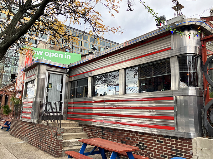 The gleaming stainless steel exterior of Silk City Diner beckons like a time machine disguised as a lunch counter. Pure nostalgic magic.