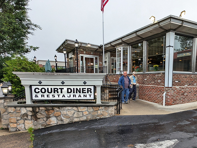 The stone foundation and classic brick exterior of Court Diner stands as a beacon of breakfast hope in Media, Pennsylvania—where morning dreams come true.