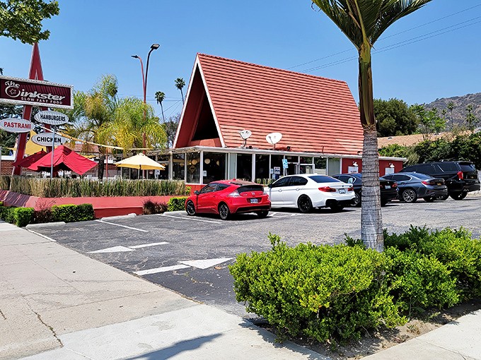That iconic A-frame with its cherry-red roof isn't just eye-catching architecture&mdash;it's a beacon of sandwich salvation in Eagle Rock's culinary landscape.