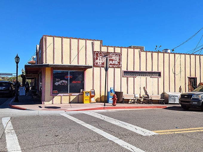 The classic western facade of The Horseshoe Cafe stands proudly on Wickenburg's main drag, a time capsule of Arizona's frontier spirit.
