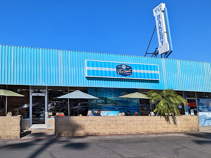 The unmistakable turquoise exterior of VG Donut & Bakery stands out like a sugary oasis on Cardiff's San Elijo Avenue, beckoning carb enthusiasts from miles around.