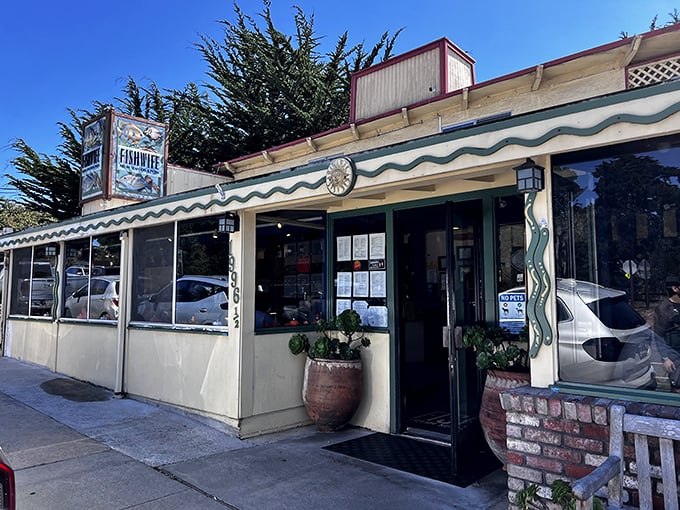 The unassuming exterior of Fishwife in Pacific Grove might fool you, but locals know this seafood sanctuary is worth finding. American flag included, no extra charge.