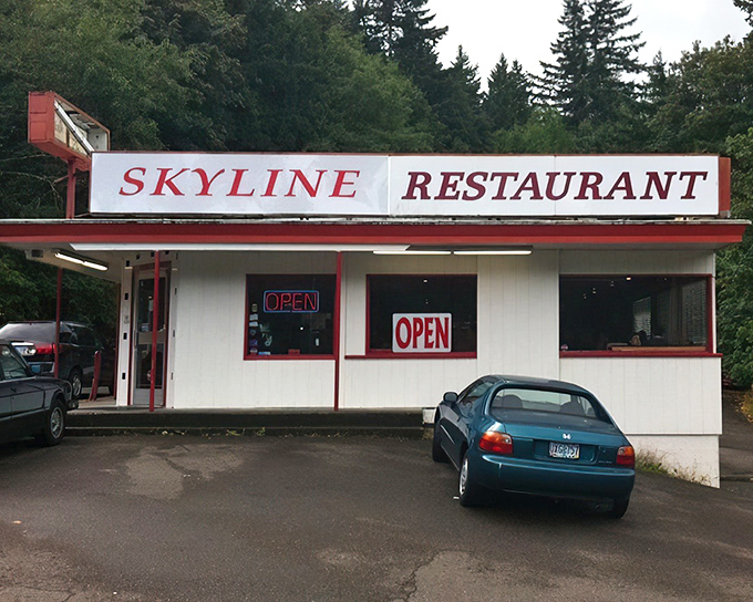 The unassuming exterior of Skyline Restaurant promises no frills, just thrills for your taste buds. Portland's burger paradise awaits.