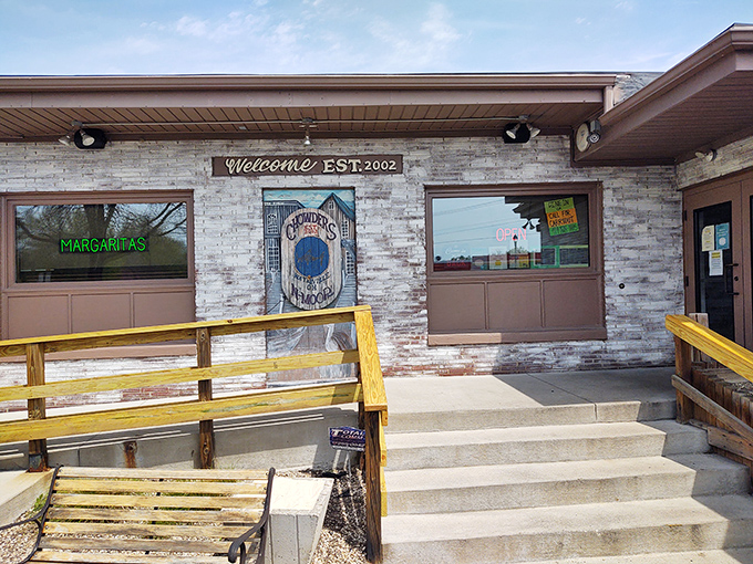That weathered wooden sign promises maritime magic in the heart of Ohio farmland.