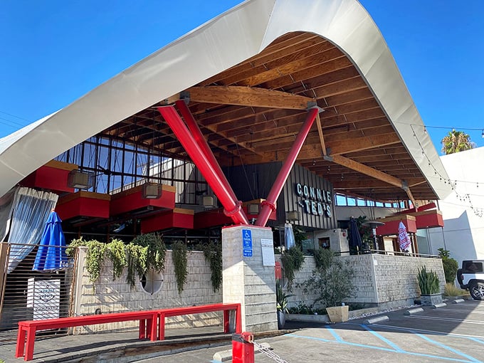 The wave-like roof and bold red supports of Connie and Ted's aren't just architectural showmanship&mdash;they're a siren call to seafood lovers across Los Angeles.