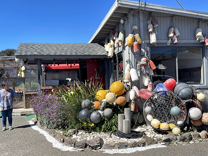 Colorful buoys dangle like maritime Christmas ornaments from this weathered gray shack. The neon "OPEN" sign promises seafood treasures await inside.
