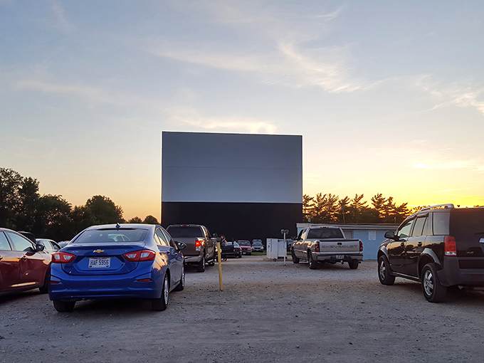 Sunset magic at the Starlite Drive-In, where the sky puts on its own show before the feature presentation begins.