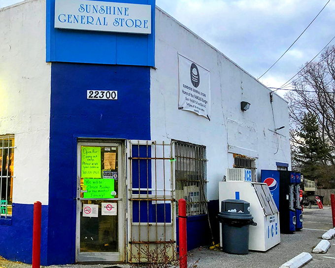 The blue and white exterior of Sunshine General Store stands as an unassuming temple of burger greatness in Brookeville. No fancy frills, just culinary thrills await inside.