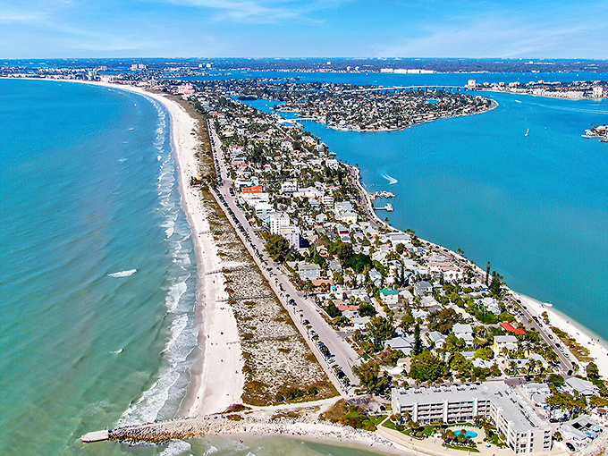 Paradise from above! This aerial view shows why Pass-a-Grille is Florida's best-kept secret&mdash;water on three sides and not a high-rise in sight.