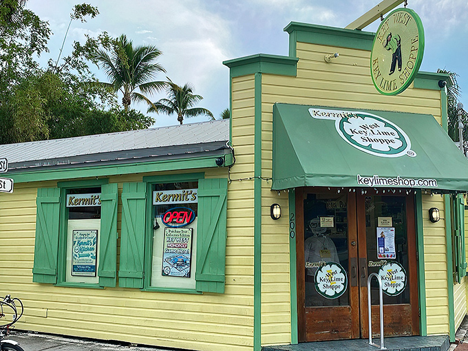 The cheerful yellow and green facade of Kermit's stands out like a beacon of citrus hope on Elizabeth Street. Key West architecture with key lime attitude!