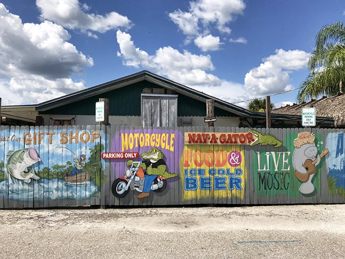 Welcome to Old Florida! Nav-A-Gator's colorful exterior promises cold beer, live music, and the kind of authentic experience that tourist brochures can't capture.