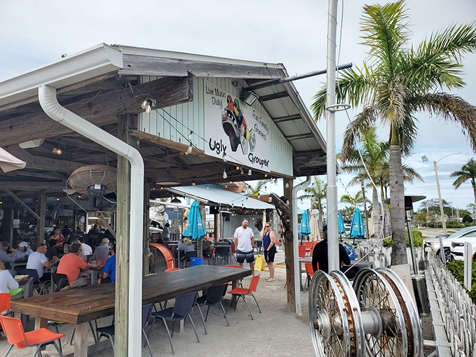 The Ugly Grouper's charming exterior welcomes you with that perfect "come as you are" Florida vibe.