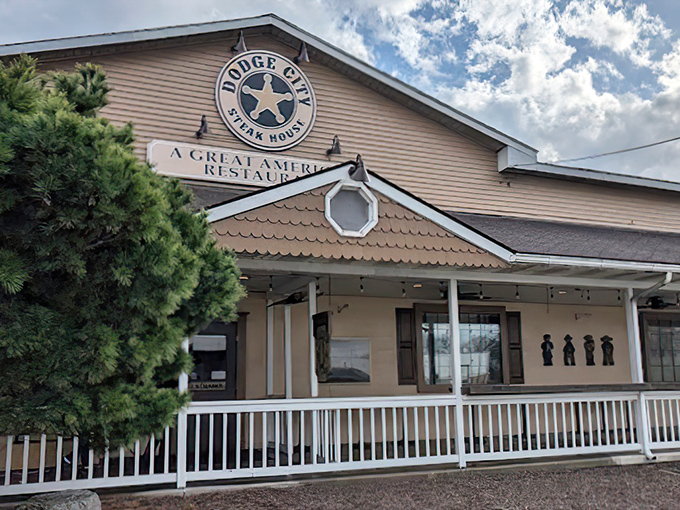 The unassuming exterior of Dodge City Steakhouse proves that culinary treasures don't always come in fancy packages. This is where steak dreams come true.