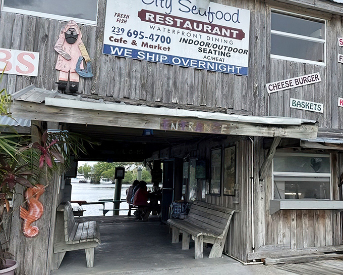 The weathered wooden exterior of City Seafood screams "authentic Florida" louder than a pelican at feeding time. Hand-painted signs promise culinary treasures within.